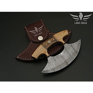 Lara Eagle Damascus Steel Ulu Knife, Celtic Knot Handle made of Exotic Rose Wood and Olive wood, 6 inch blade One-Handed Rocker Knife with Leather Sheath