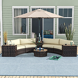 Outsunny 8 Piece Patio Furniture Set with 4 Rattan Sofa Chairs & 4 Tables, Outdoor Conversation Set with Storage & Umbrella Hole for Backyard, Lawn and Pool, Mixed Brown