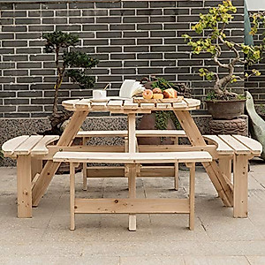 Gardenised Wooden Outdoor Patio Garden Round Picnic Table with Bench, 8 Person-Natural