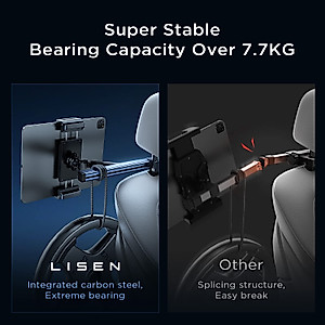 LISEN iPad Car Holder Back Seat iPad Holder for Car Tablet Mount Headrest Travel Accessories Road Trip Essentials for Kids Adults Fits All 4.7-12.9" Devices & Headrest Rod (Black)