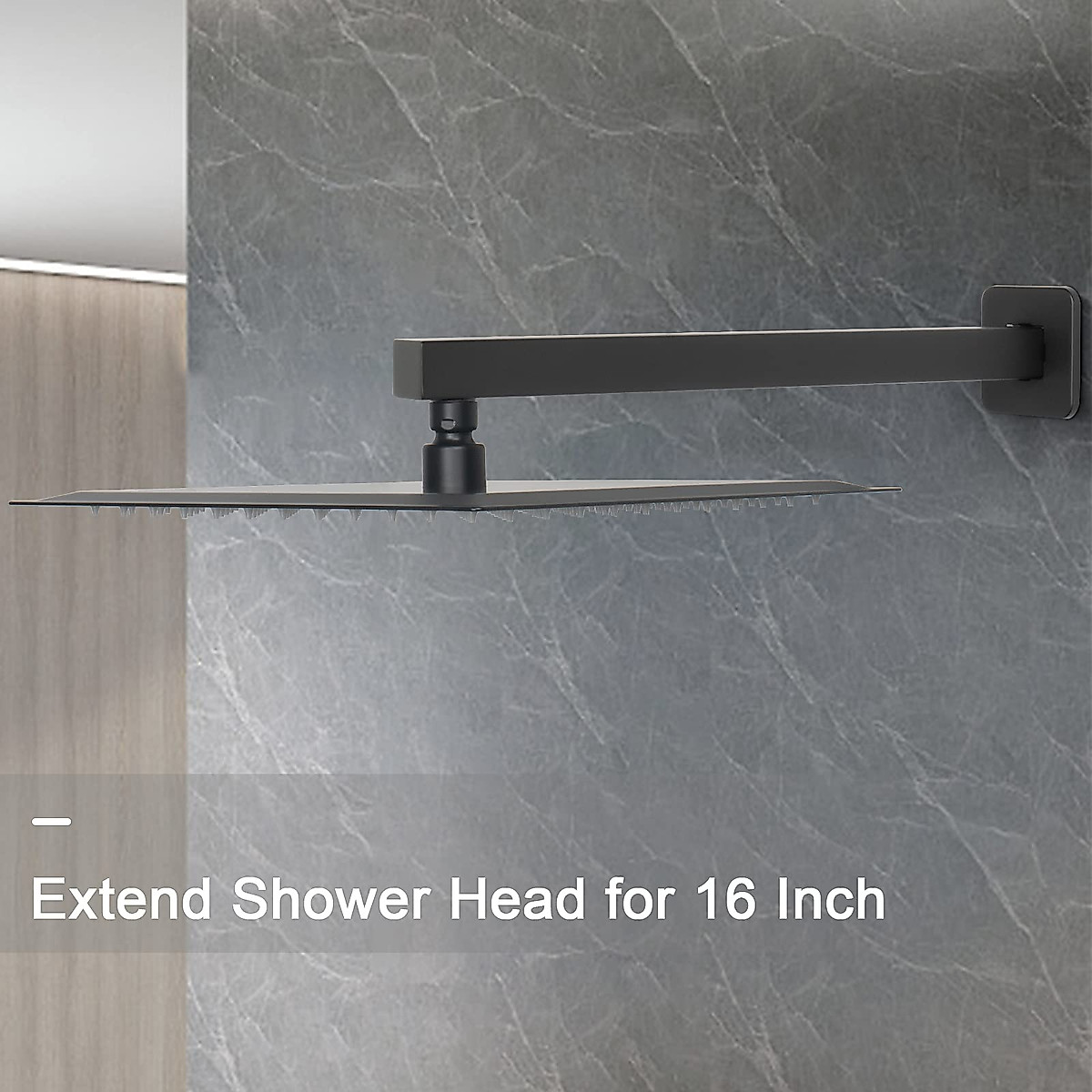 HarJue Shower Arm, Rain Shower Head Extension Extender, With Flange and Teflon Tape, Made of Thicken Stainless Steel for Bathroom Rainfall Showerhead (16 Inch, Matte Black)