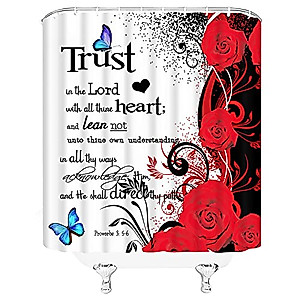 Inspirational Quote Bath Mat Red Rose Flower Butterfly Trust in The Lord with All Thine Heart Abstract Floral Art Bathroom Rug Decor