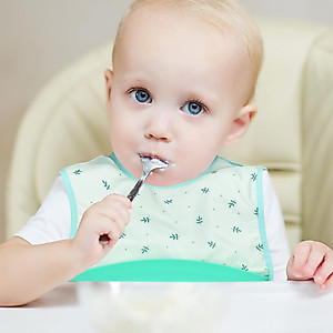 GAJIGAJI Waterproof Baby Bib with Silicone Food Catcher Pocket, Adjustable Feeding Bib Fit for 6-24 Month Toddlers (Leaves Green)