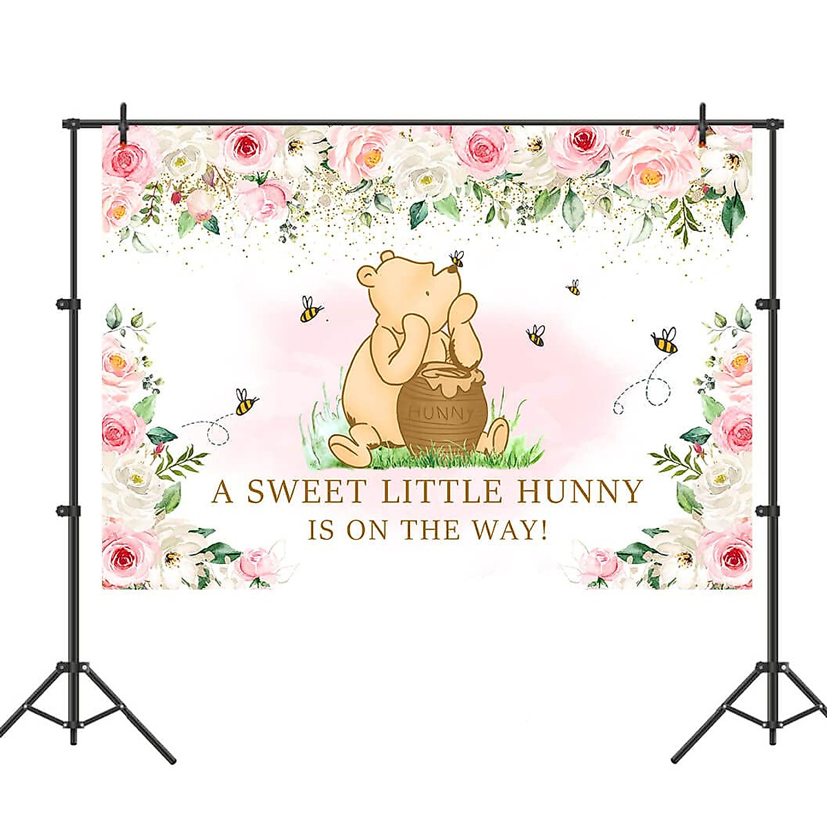 Classic Little Bear Baby Shower Backdrop Girls Pink Florals Cartoon Bees Birthday Photo Background Decorations Newborn Baby Shower Party Cake Table Supplies 5x3ft