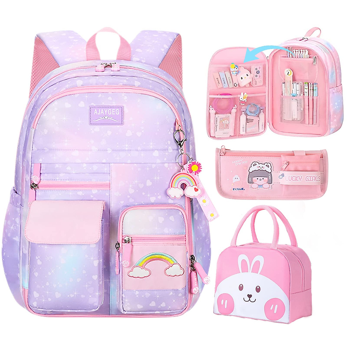 IHZZ Kawaii Backpack, Pink Backpack for Girls, Kid Starry Rainbow Bookbag, Cute Backpack for Kids, Aesthetic Backpack, Purple(3 PCS Set)