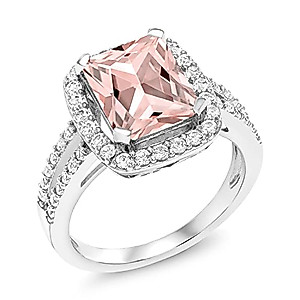 Gem Stone King 925 Sterling Silver Peach Nano Morganite Engagement Ring For Women (3.82 Cttw, Emerald Cut 10X8MM, Available In Size 5, 6, 7, 8, 9)