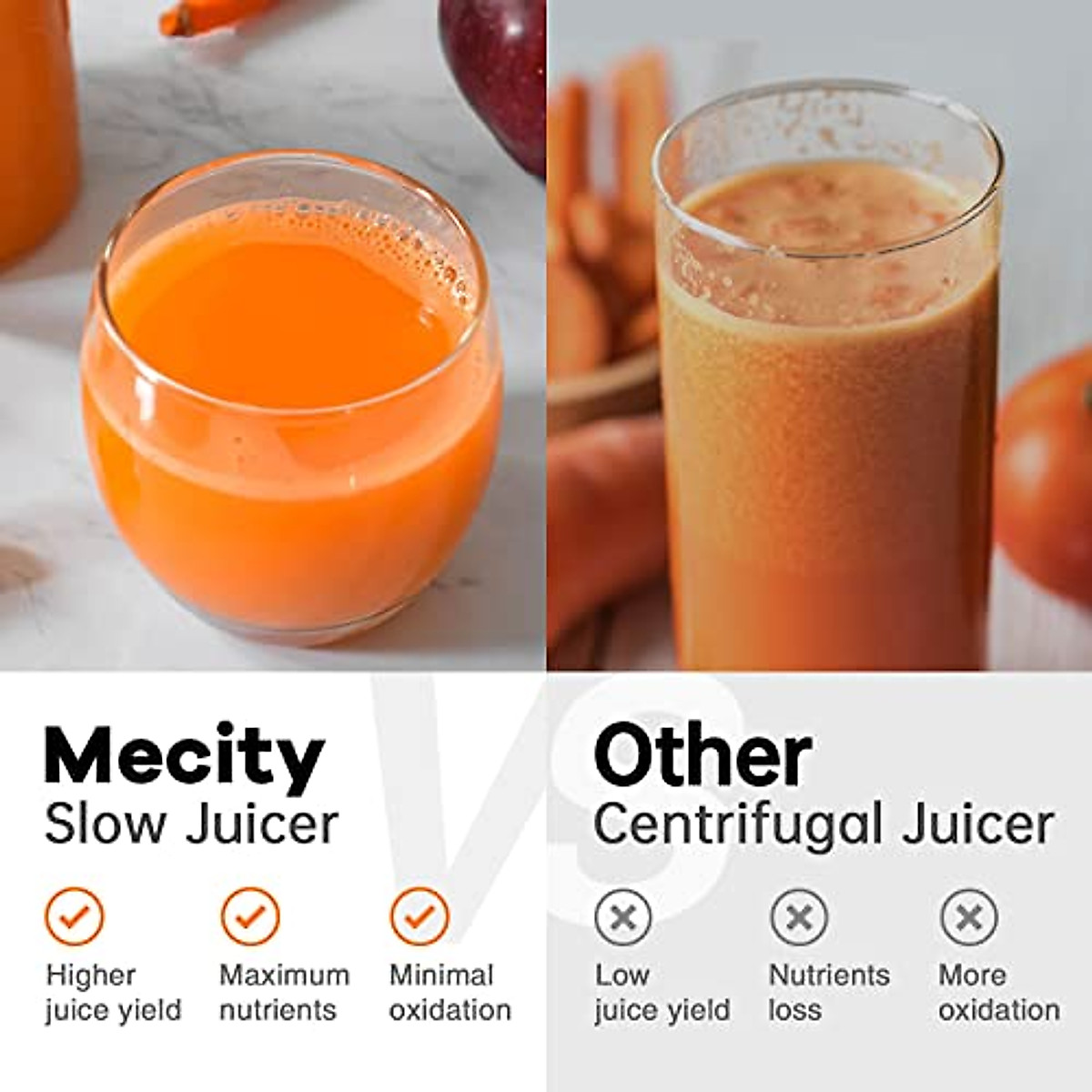 Mecity Small Masticating Juicer Electirc Slow Juicer with Reverse Function for Home, Easy to Clean Juicer Extractor with Travel Bottle, Self-Feeding Juice Maker for Vegetable and Fruit