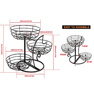 Livabber Fruit Basket Bowl with Banana Hanger, Fruit Vegetable Storage Basket with Banana Tree Holder for Kitchen Counter, Detachable Organizer for Bread Snack Produce (Black, 3-Tier Metal Base)