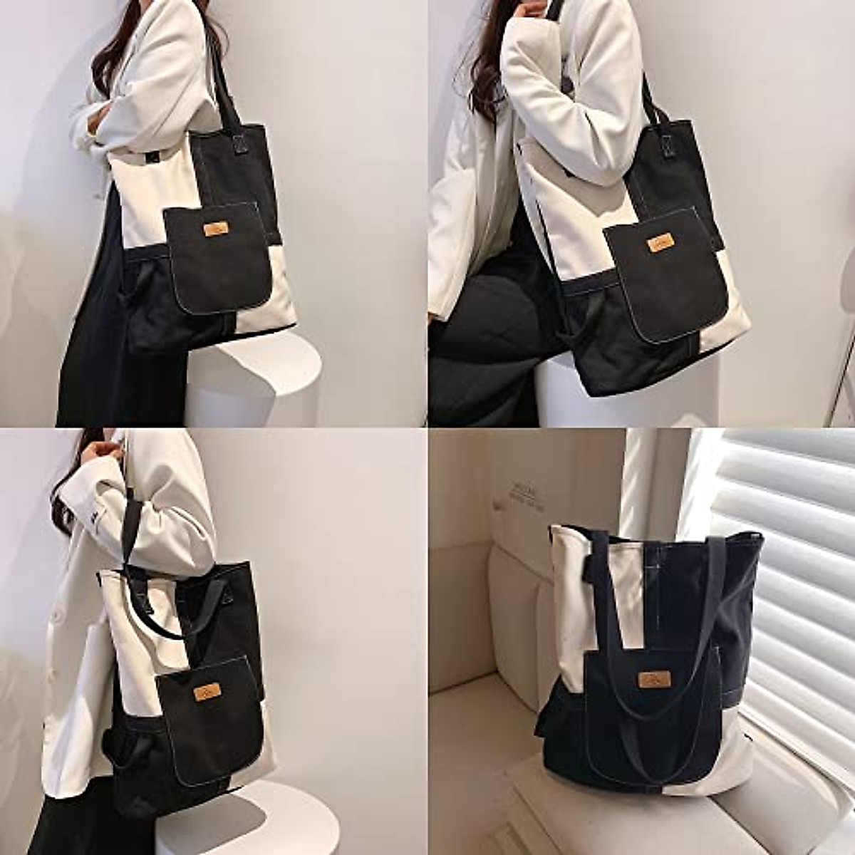 Canvas Tote Bag for Women Large Size Shoulder Handbags with Inner zipper Pockets Multicolor Casual(Black)