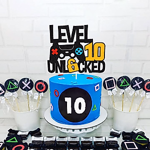 Level 10th Unlocked Cake Topper Game Controller 10s Cake Decoration Happy 10 Birthday Cake Decor Video Play Game Movie Theme Boys Girls Men Women Teenager Bday Party Event Celebration Supplies