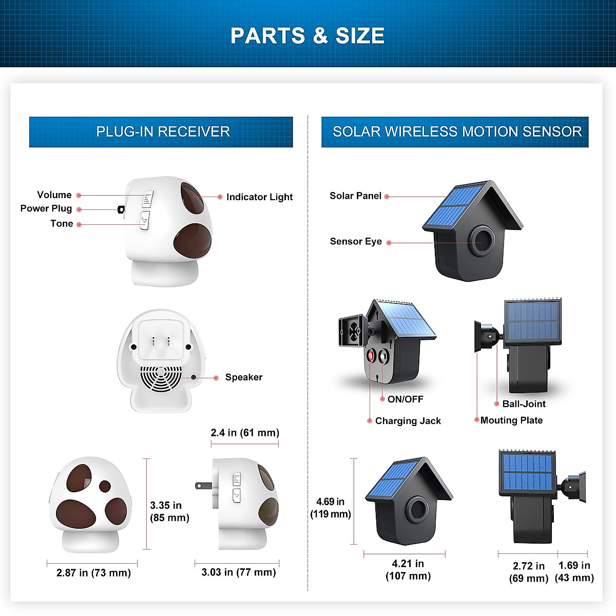 Driveway Alarm- HTZSAFE 1/2 Mile Long Range Outdoor Weatherproof Solar Wireless Motion Sensor&Detector-Portable Receiver Has Long Last Backup Battery- DIY Security Alert System for Home&Property