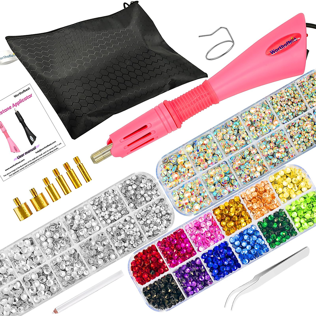 Worthofbest Hotfix Rhinestone Setter, Applicator ToolKit, Hot Fixed Wand Bedazzler Kit, 4080Pcs, AB Crystal, Clear, 14 Colors, 7 Tips, 4 Gems Sizes, Tweezers, , Jewel Picker, Trays, Zip Bag