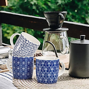 Okllen 6 Pack 11.5 Oz Coffee Mugs with Geometric Patterns, Ceramic Coffee Mugs Stylish Tea Cup Mugs Set Gift for Latte, Cappuccino, Milk, Water, Cocoa, Cereal, Blue and White