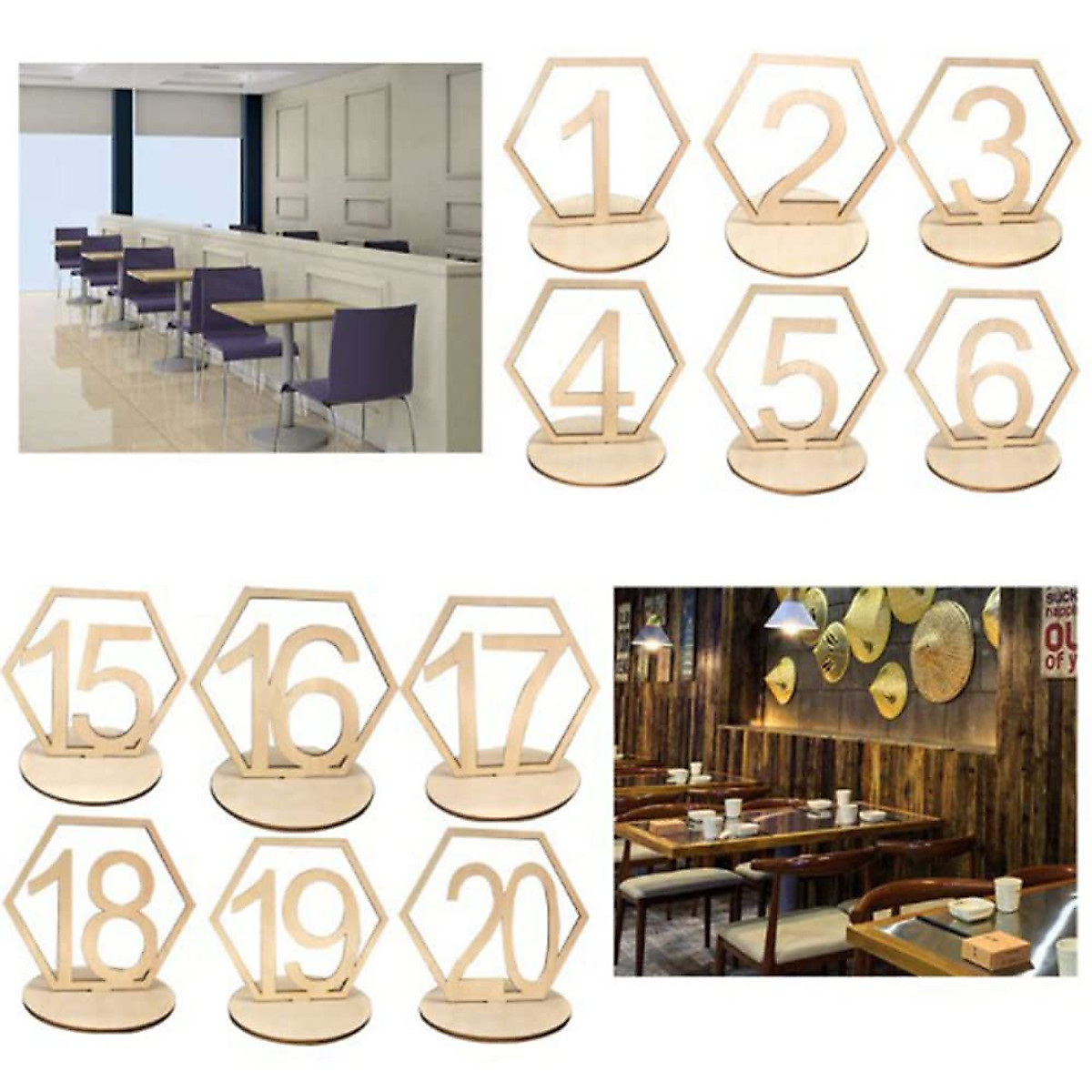 SYCOOVEN Wooden Table Numbers, 1-10 Wedding Table Numbers with Holder Base, Double Sided Hexagon Shape Perfect for Wedding, Party, Events or Catering Decoration(11-20)