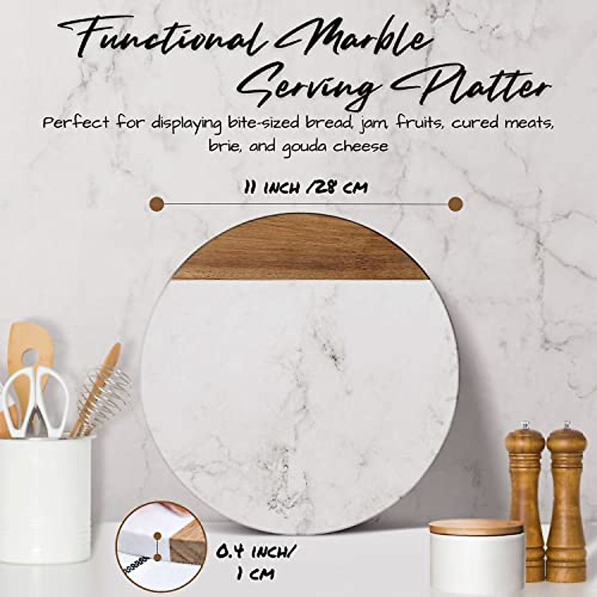 Flexzion Round Marble Cheese Board - 11 Inch White Marble and Wood Cheese Board for Charcuterie, Cheese, Cutting, Pastry, Trivet - Non-Stick and Heat Resistant Marble Board