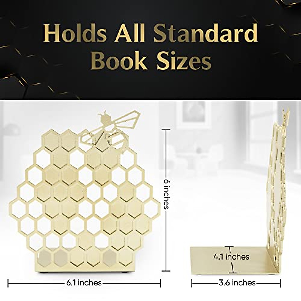 Honeycomb Book Ends - Premium Gold Decorative Bookends for Shelves - Heavy Duty Bookends for Heavy Books - Modern Metal Non-Skid Book Holders (1 Pair, 2 Pieces) by Special Lucy