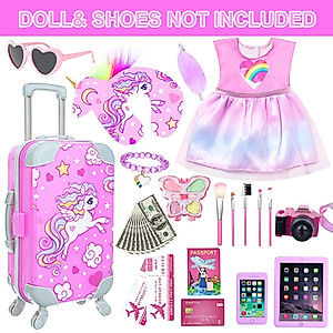 DOTVOSY 29 Pcs American 18 Inch Doll Clothes and Accessories Travel Suitcase Set Designed for 18" Dolls Including Pillow, Sunglasses, Camera, Passport, Phone, Laptop etc