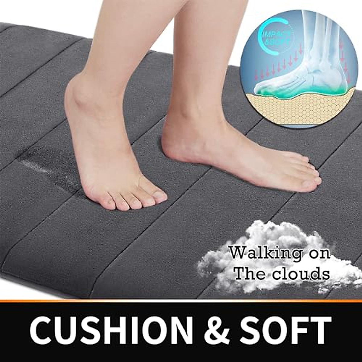 Yimobra 3 Pieces Memory Foam Bath Mat Sets, 44.1x24 + 31.5x19.8 and U-Shaped for Bathroom Rugs, Toilet Mats, Non-Slip, Soft Comfortable, Water Absorption, Machine Washable, Dark Gray