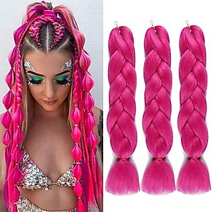 Pink Braiding Hair Extension 3pcs/Lot Crochet Jumbo Braids Hair 100g/pc Hot Pink Braids Hair Synthetic Crochet Twist Braid Hair Extension for Box Braids (24Inch,Rosy)