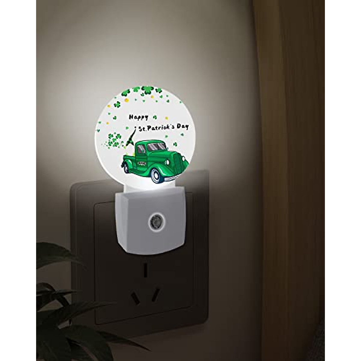 St.Patrick Day Shamrock Truck Night Lights Plug into Wall, Cute Gnomes Green Auto Round LED Lights with Dusk to Dawn Sensor for Bedroom, Bathroom, Hallway, Kitchen, Kids, Home Decor