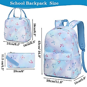 Dafelile Butterfly Backpack for Girls Backpack for Teen Girls Bookbags School Backpack with Lunch Tote and Pencil Bag Blue