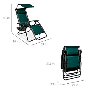 Best Choice Products Folding Zero Gravity Outdoor Recliner Patio Lounge Chair w/Adjustable Canopy Shade, Headrest, Side Accessory Tray, Textilene Mesh - Forest Green