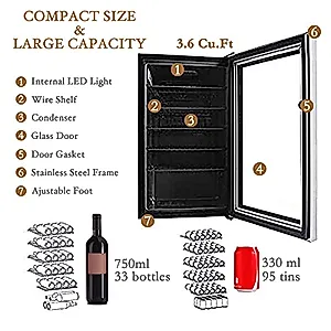 SMETA Wine Cooler Refrigerator 33 Bottles-19 Inch Wine Fridge Cellar Built In & Freestanding with Stainless Steel Glass Door - 3.6 Cu.Ft Wine and Beer Mini Fridge for Home, Office, Kitchen, Bar