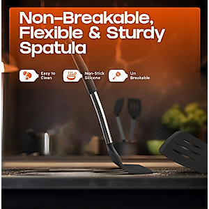 BakeRoyal Silicone Spatula Set - Turner Spatulas Silicone Heat Resistant 600°F - Slotted & Solid Silicone Spatulas for Cooking Fish, Eggs, Pancakes Flipper – Silicone Cooking Utensils Set – Black