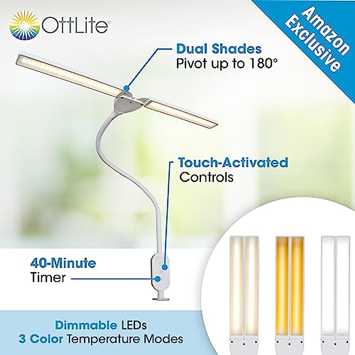 OttLite Pivot LED Clamp Desk Lamp - Dual Lamp Shades & Flexible Neck with ClearSun LED Technology - 3 Color Temperature Modes, Dimmable LEDs & Touch-Activated Controls for Crafting, Sewing, & Studying