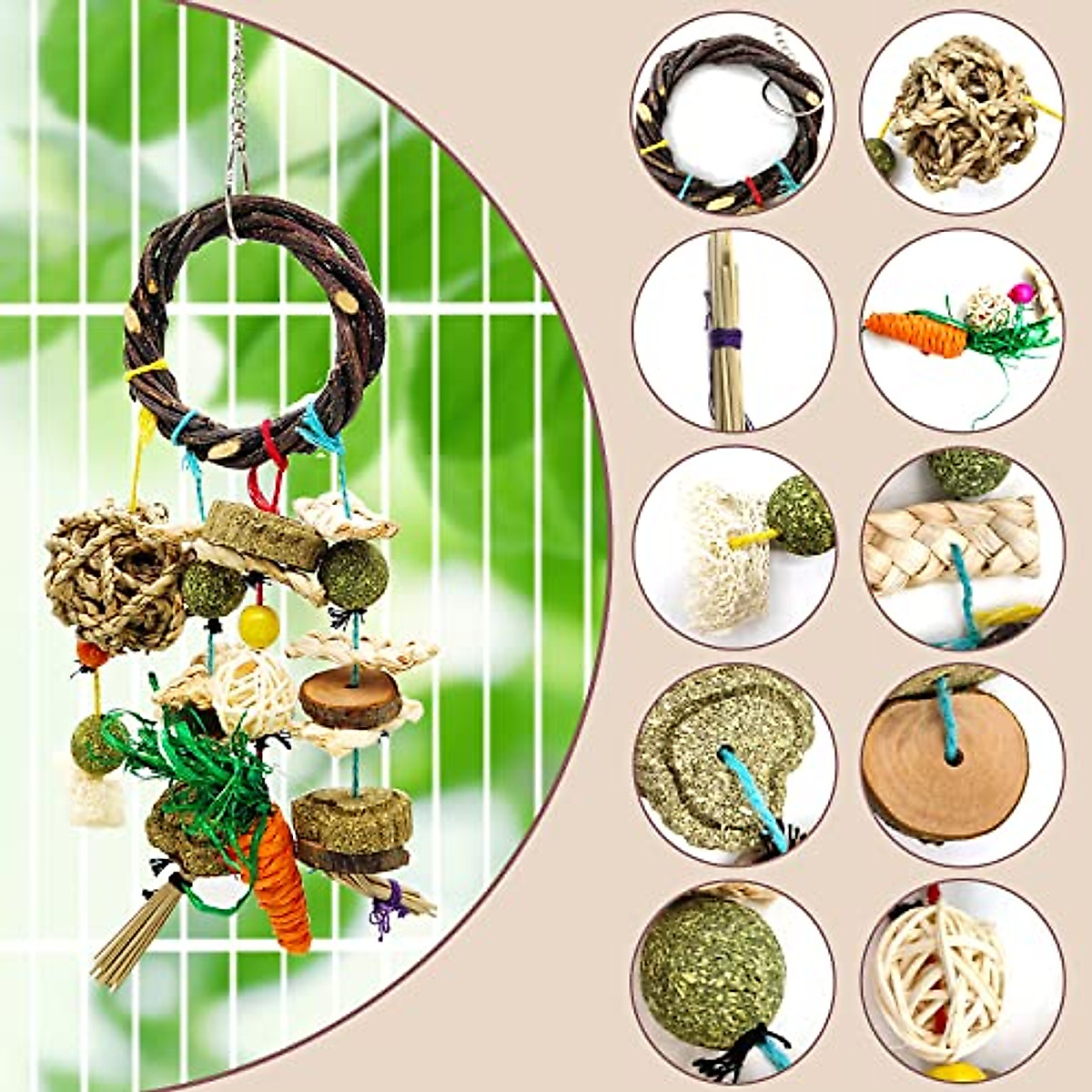 BNOSDM 2 PCS Rabbit Chew Toys for Bunnies Cage Hanging Guinea Pig Chewing Toys Rattan Ring with Snacks Natural Small Animals Teeth Grinding Toy for Hamster Chinchilla Ferret Hedgehog