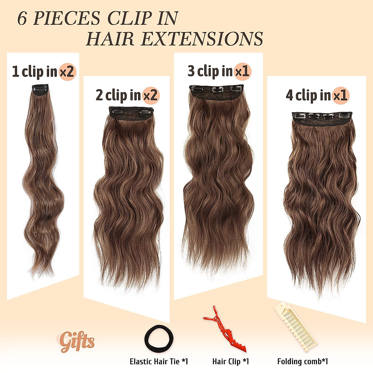 NAYOO Clip in Hair Extensions for Women 20 Inch Long Wavy Curly Chestnut Brown Hair Extension Full Head Synthetic Hair Extension Hairpieces(6PCS,Chestnut Brown)