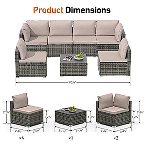 Covered Outdoor Patio Furniture Set, 7 Pieces Patio Furniture Sets with Glass Table, All-Weather PE Wicker Outdoor Couch Sectional Set, Outdoor Furniture Set for Garden/Patio/Ottoman, Grey
