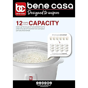 Bene Casa - Rice Cooker with Glass Lid - Includes Nonstick Aluminum Inner Pot and a 12 Hour Keep Warm Feature - Cooks Up to 12 Cups of Rice (6 Cups Uncooked)