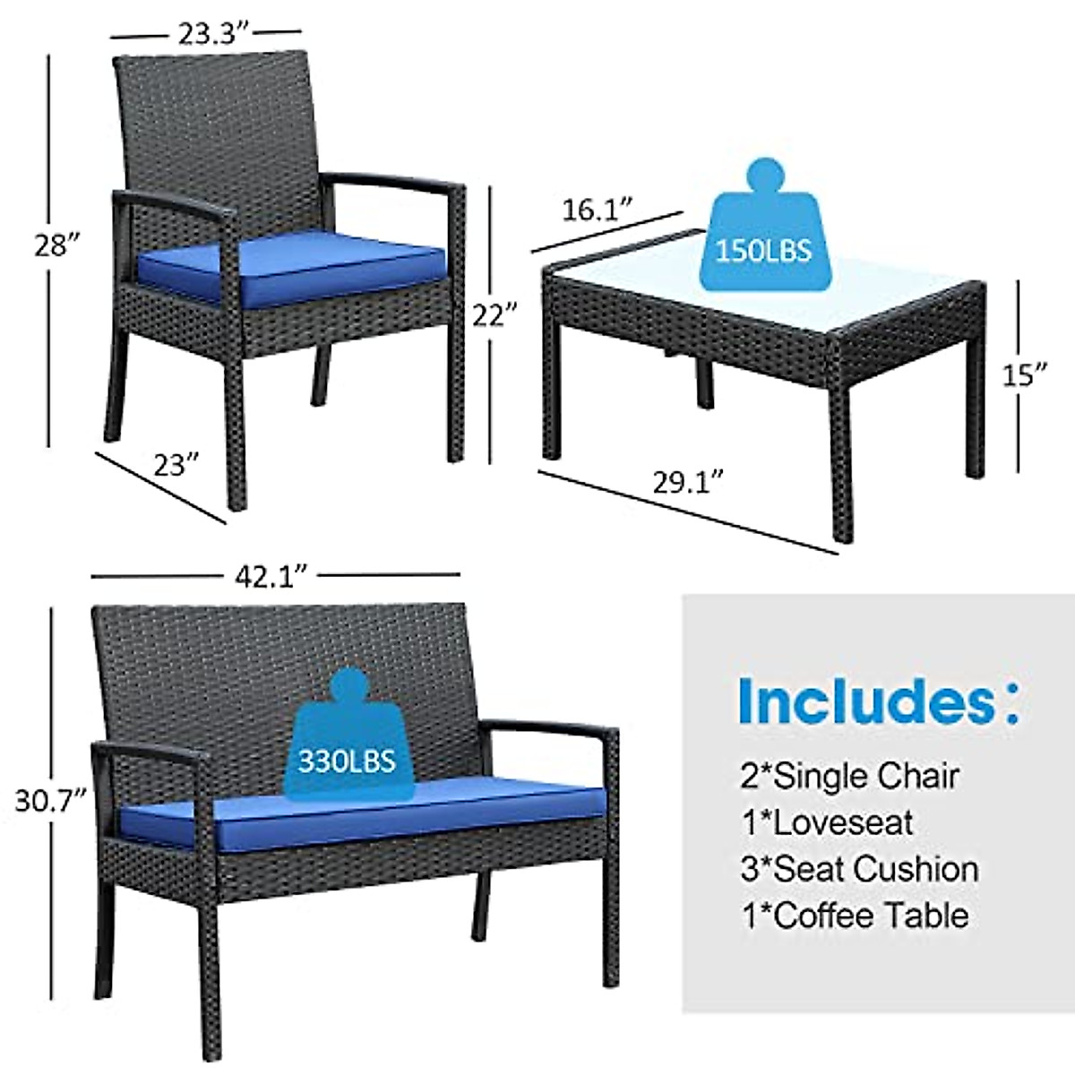 KAWIVAST 4 Pieces Patio Furniture Set, Wicker Patio Furniture Sets, PE Rattan Outdoor Furniture, Outdoor Conversation Sets, Deck Furniture Sets, All-Weather Patio Furniture