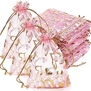 Hikkcos 100PCS Valentine's Day Organza Bags Love Heart Gift Bag Jewelry Packaging Pouch Drawstring Bag Wedding Favors Bag for Valentine's Day Wedding Party