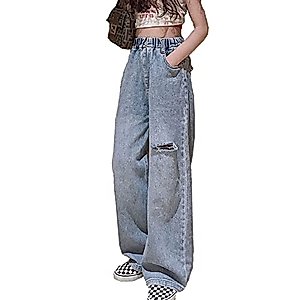 YaYabroe Kids Girls Ripped Distressed Washed Baggy Wide Leg Casual Jeans Size 5-14 yrs (11-12 Years, Blue)