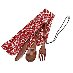 Wooden Cutlery Set Cooking Utensils Includes Wooden Spoon, Fork, Knife with Storage Bag