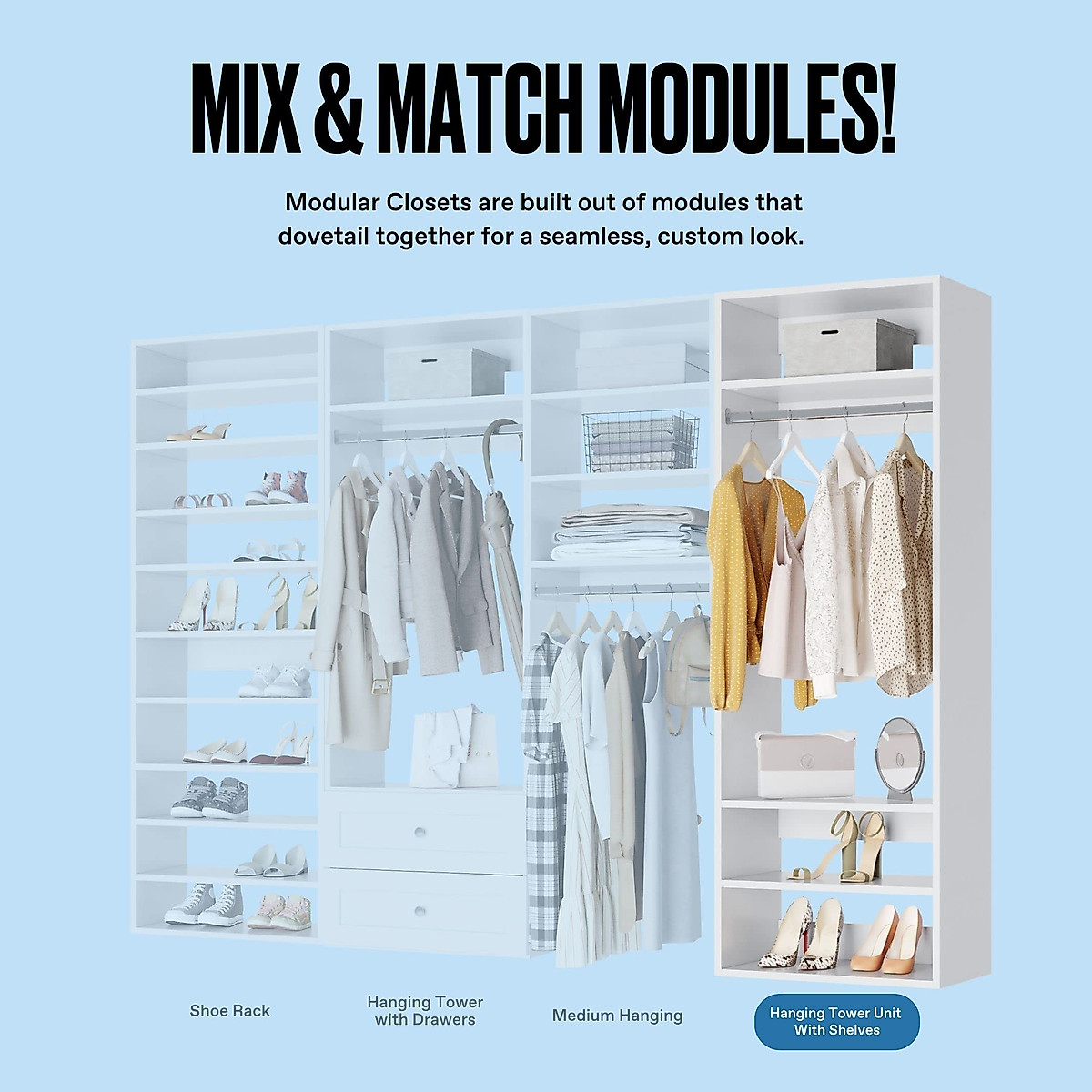 Hanging Closet Unit with Shelves - Modular Closet System for Hanging - Corner Closet System - Closet Organizers and Storage Shelves (White, 19.5 inches Wide) Closet Shelves