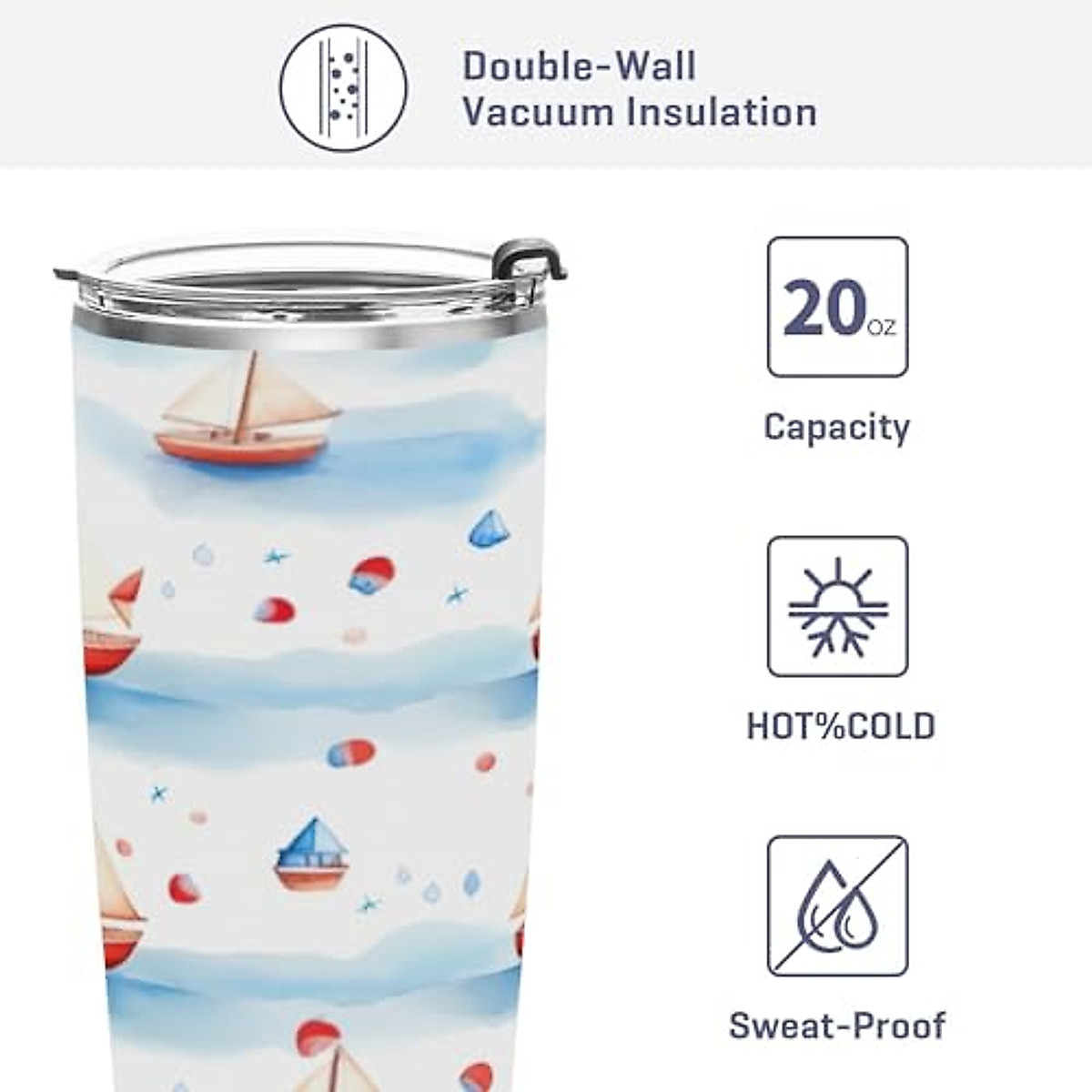Wassud Boat Pattern 20 oz Tumbler with Lid and Straw Stainless Steel Double Wall Vacuum Tumblers Insulated Travel Coffee Mug for Cold and Hot Drinks