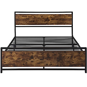 MegaChunk Queen Size Metal Platform Bed Frame with Wooden Headboard and Footboard, Black, No Box Spring Needed, Large Under-Bed Storage, Easy to Assemble