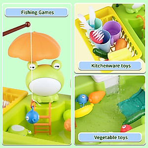 Play Sink with Running Water,Kids Electric Play Kitchen Sink Toys,Toddler Kitchen Sink Toy,Pool Floating Fishing Toys for Water Play-Green