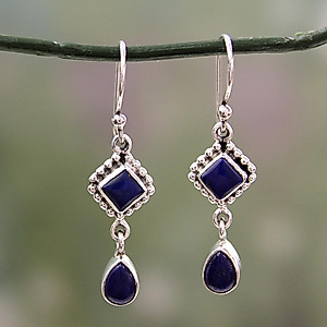 NOVICA Artisan Handmade Lapis Lazuli Dangle Earrings Sterling Silver India Blue Royal Classic Reflecting Pond Snorkel Birthstone [1.6 in L x 0.4 in W] ' Queen of Diamonds'