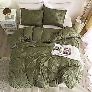 HYPREST Textured Duvet Cover, Green Duvet Covers QueenTufted Boho Style, Super Soft Breathable Bohemian Bedding Duvet Cover Set