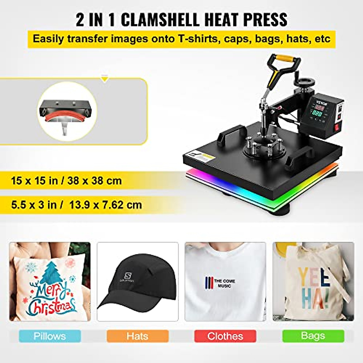 VEVOR Heat Press Machine, 15x15in 2in1, Clamshell Sublimation Transfer Printer with Teflon Coated, Digital Precise Heat Control, Powerpress for T-Shirts Hats Caps