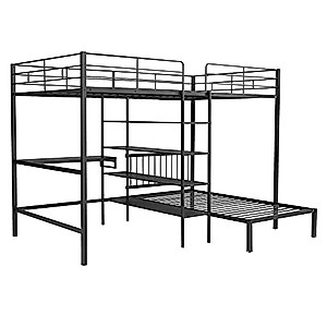 YOPTO Full Over Twin Metal Bunk Bed with Built-in Desk, Four Built-in Storage Shelves and Ladder, No Box Spring Required,Maximized Space,Bedroom Furniture for Children,Teens,Adults,Black