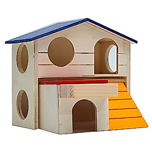 Hamiledyi Pet Small Animal Hideout Hamster House Deluxe Two Layers Wooden Hut Play Toys Chews
