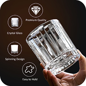 WISIKYER Whiskey Glasses, 9oz, Spinning Bourbon Glass with Ice Ball Mold in Gift Box - Old Fashioned Rocks Glasses for Scotch Cocktail Rum Vodka Liquor