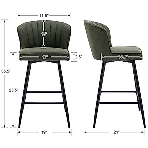 CIMOO Green Leather Bar Stools Set of 2 Mid Century Modern Counter Stools 26 Inch Counter Height Stool Chairs Upholstered Kitchen Island Chairs with Back, PU Faux Letaher
