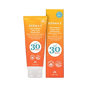 DERMA E Sun Defense Mineral Sunscreen SPF 30 Body – Broad Spectrum Sun Cream – Fragrance Free Zinc Oxide and Titanium Dioxide Aging Reducing Protection, 4 Oz