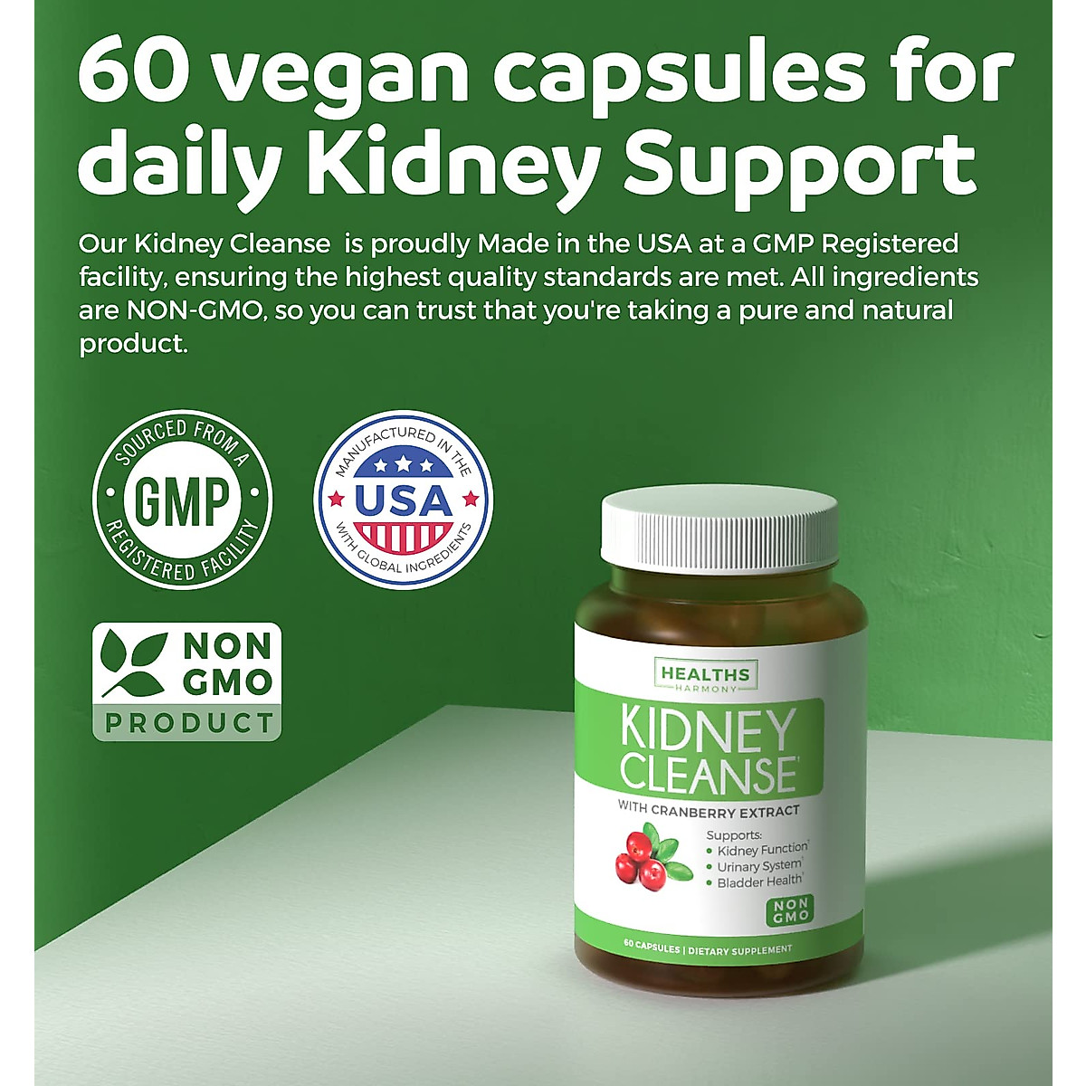 Kidney Cleanse Detox & Repair (Non-GMO) Support Urinary Tract and Bladder Control - Powerful VitaCran Cranberry Extract & Natural Herbs - Kidney Health Supplement - 60 Vegetarian Capsules (No Pills)
